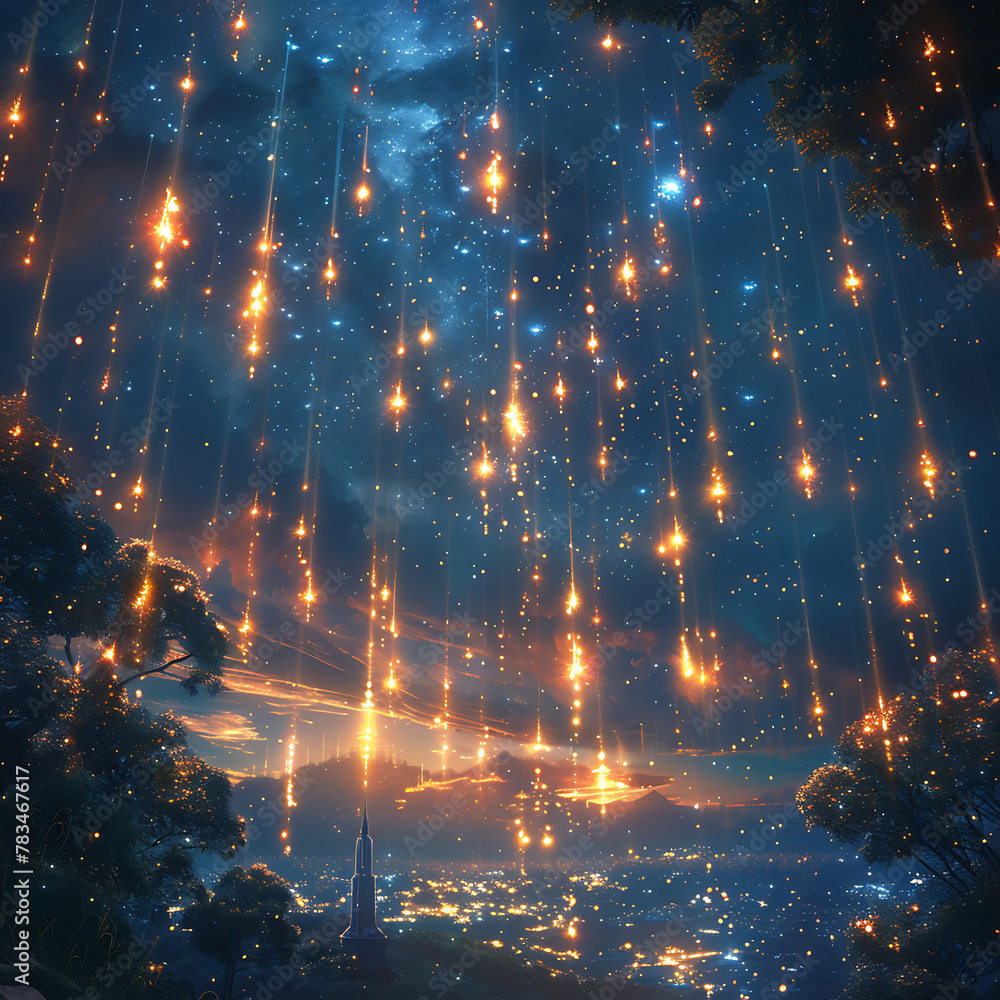 A mesmerizing starfall with falling stars streaking across the night ...