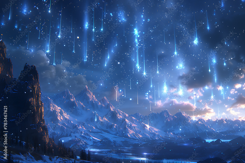 A mesmerizing starfall with falling stars streaking across the night ...
