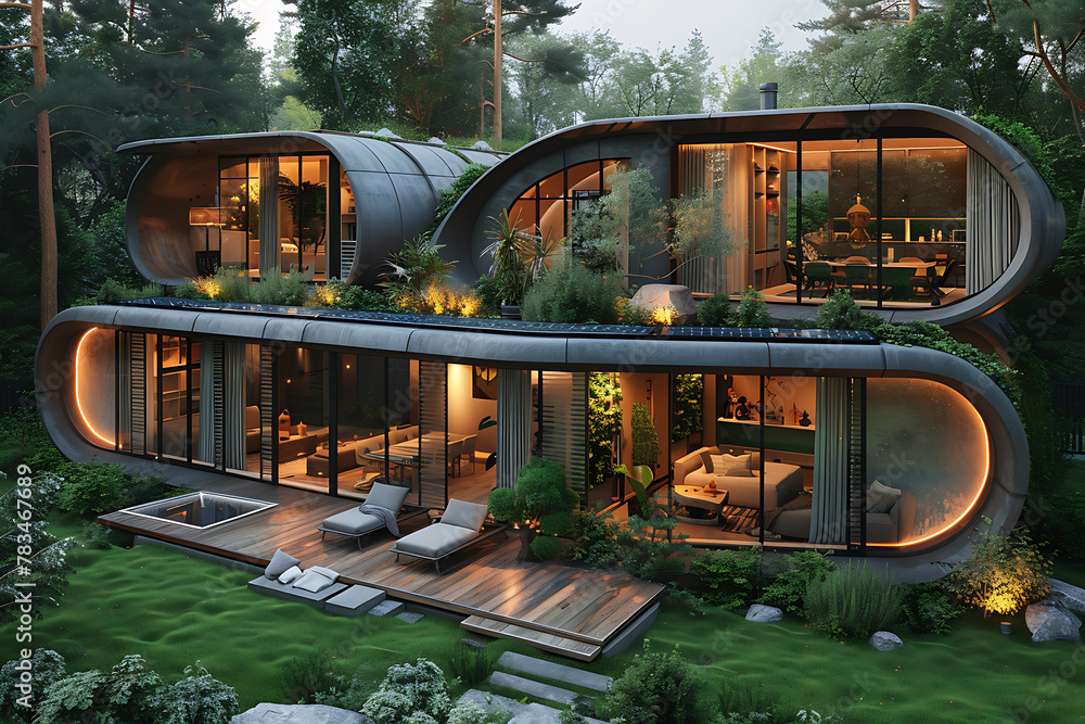 A stunning high-tech house showcases sleek architecture, a lush green ...