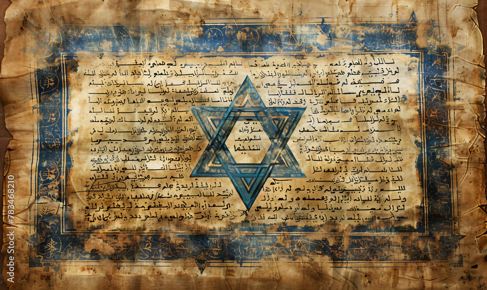 Old paper page from ancient torah book with blue Star of David. Judaism ...