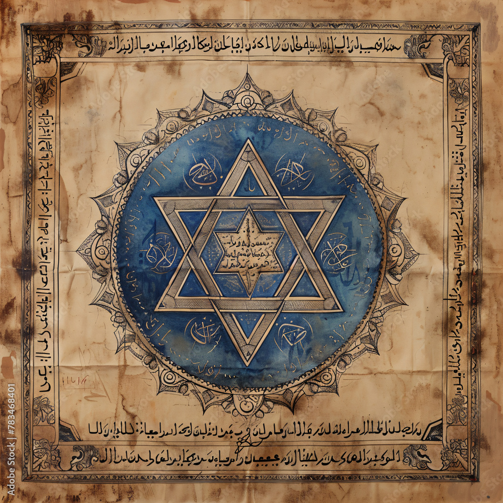 Old paper page from ancient torah book with blue Star of David. Judaism ...
