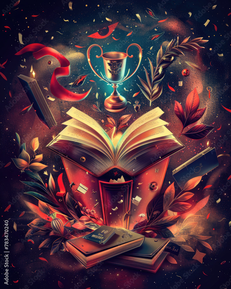 Accomplishment Inspired 3D Book Design Surrounded by Trophies and ...