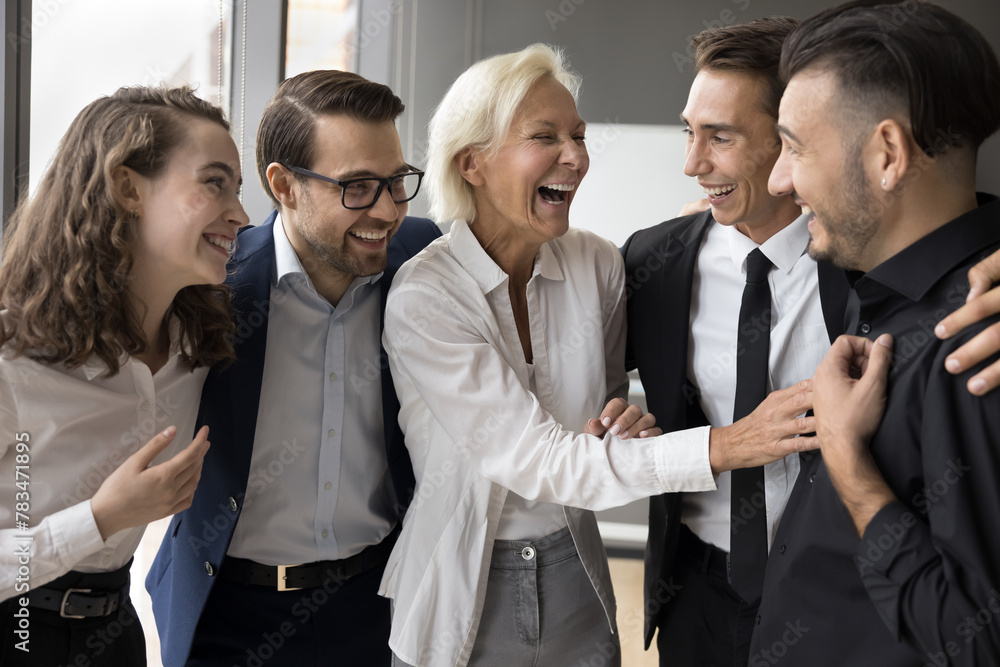Five diverse enthusiastic employees, group of excited colleagues ...