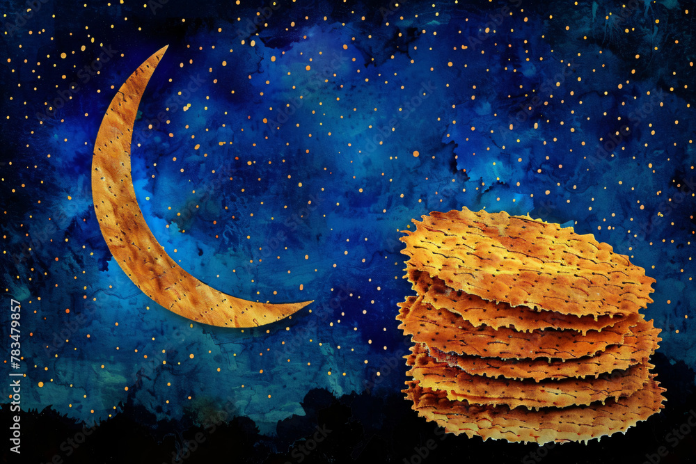 Matzah for yachatz jewish ritual under the starry night sky with ...