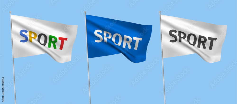 White and blue vector flags with SPORT text. A set of wavy 3D flags ...