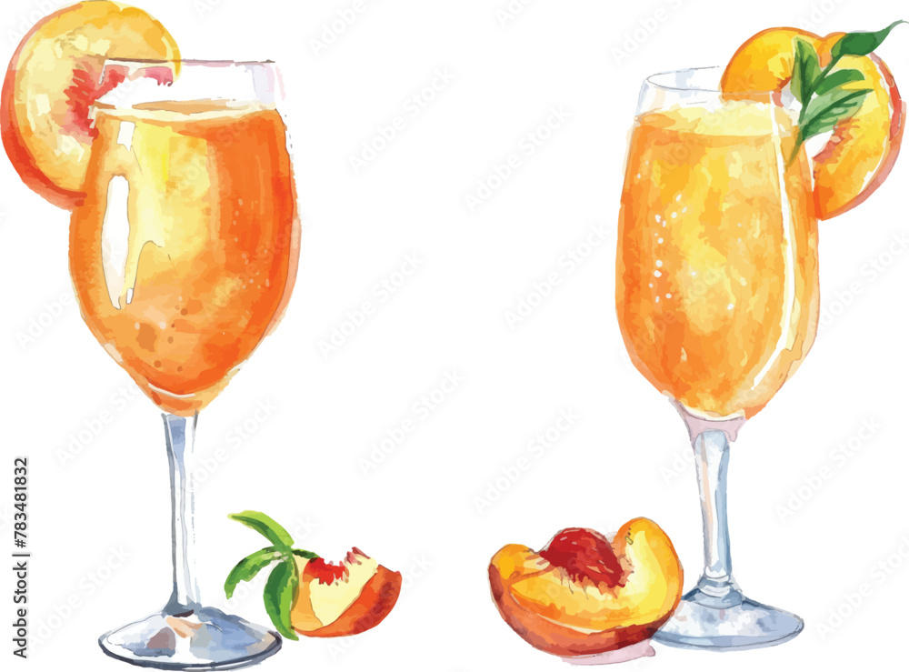 peach bellini cocktail clipart, watercolor illustration isolated on ...