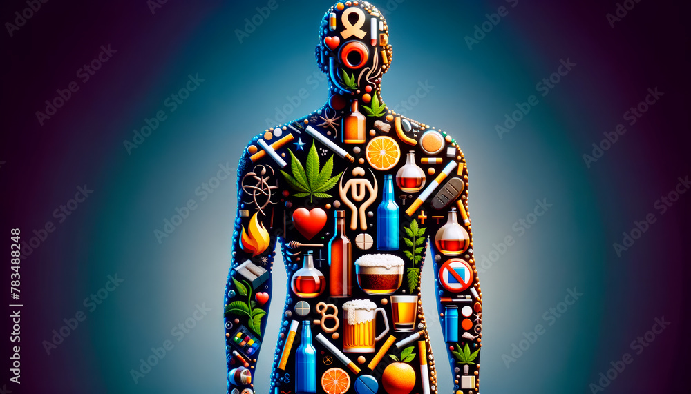Illustration of human silhouette filled with symbols of bad habits on a ...