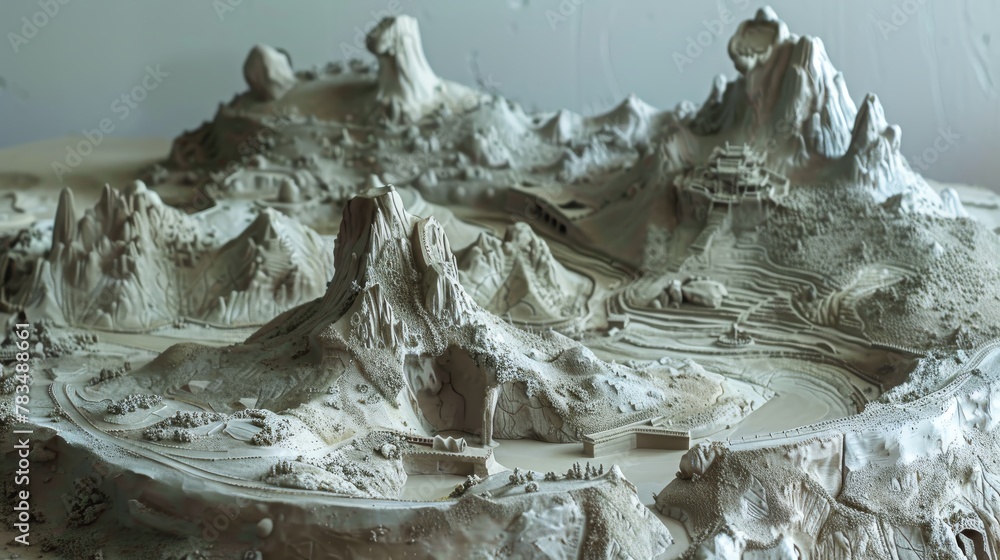 Produce a clay sculpture showcasing a unique high-angle perspective of ...