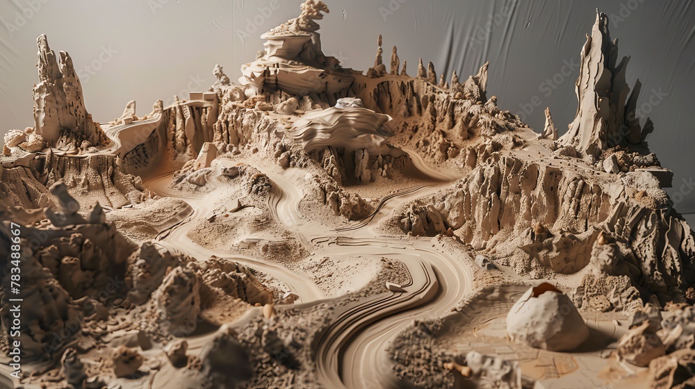 Produce a clay sculpture showcasing a unique high-angle perspective of ...