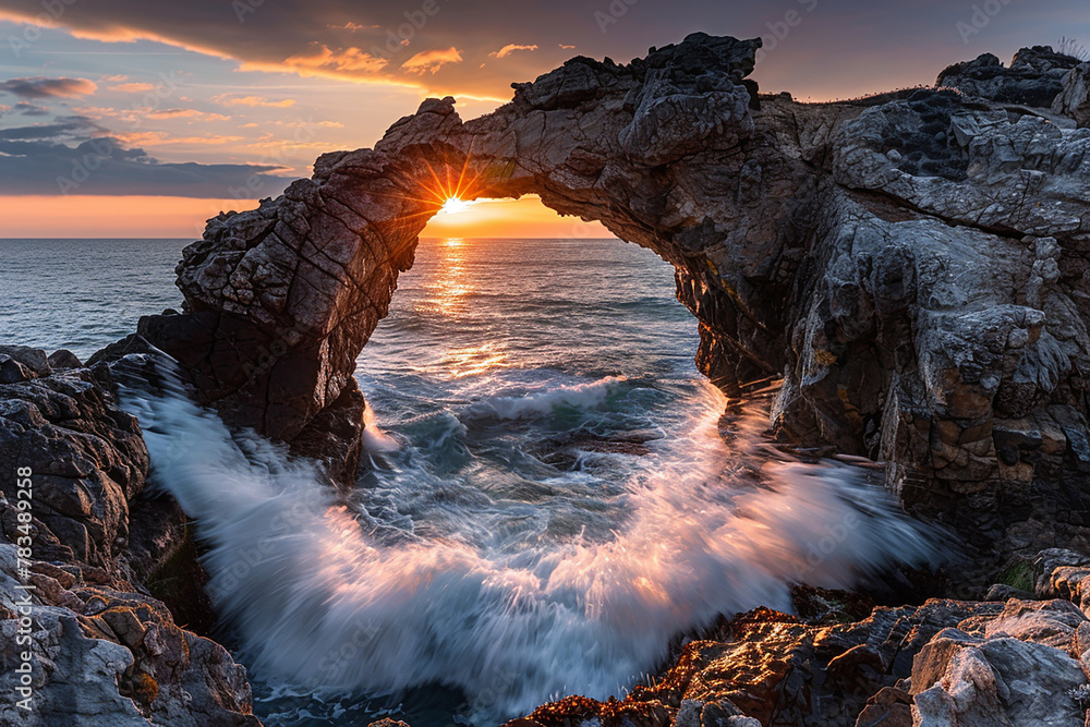 A naturally formed archway in a rock formation by the sea, with waves ...