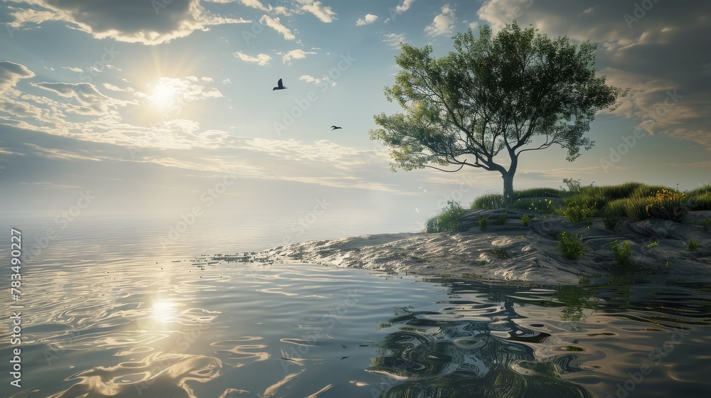 Craft a digital photorealistic rendering depicting ethereal horizons ...