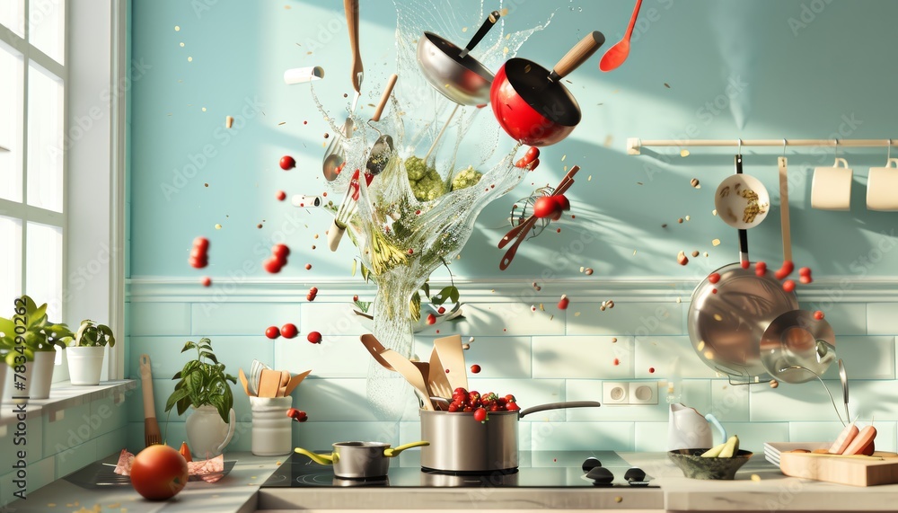 Craft a digital artwork featuring a worms-eye view of a kitchen scene ...