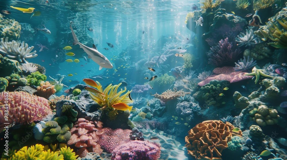 Capture a photorealistic underwater scene of a coral reef bustling with ...