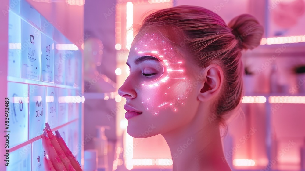 Futuristic skincare setup with a model using advanced digital analysis ...
