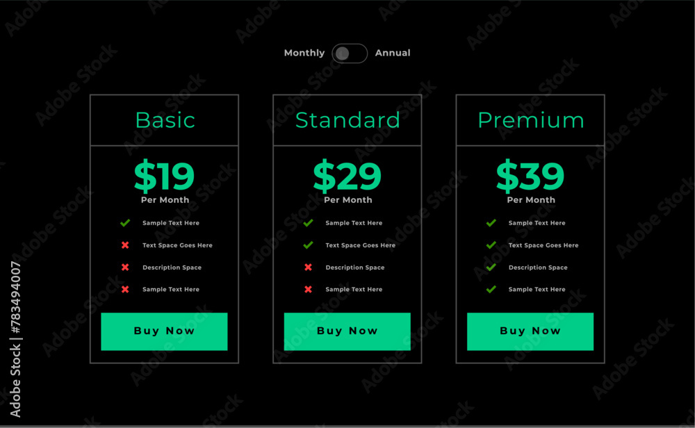 3 column pricing chart table dark template for website app Stock Vector | Adobe Stock
