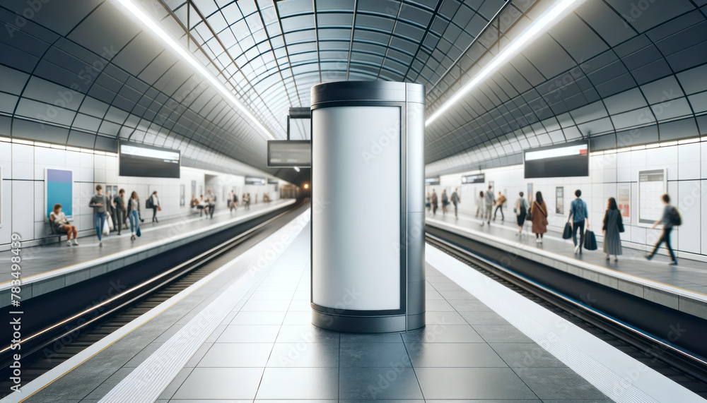 Empty advertising column in a subway station with people waiting on the ...