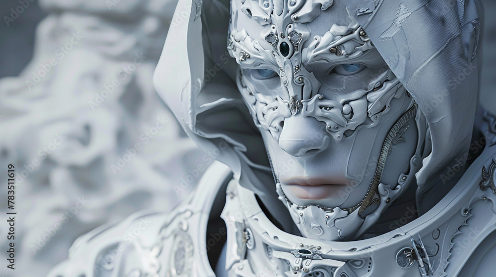 humanoid android, covered in white porcelain skin, blue eyes, white ...
