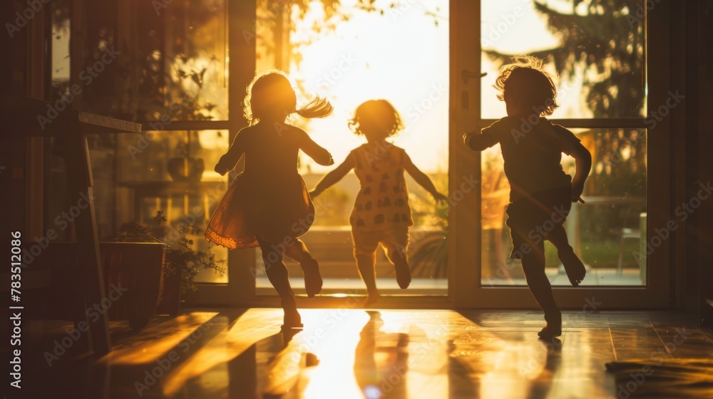 children running around house playing silhouette. happy family kid ...