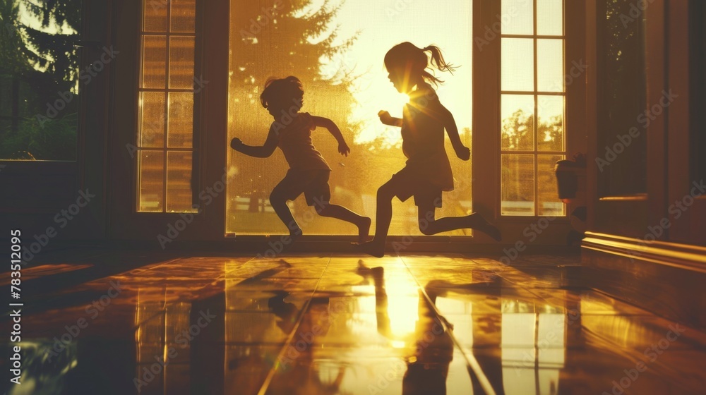children running around house playing silhouette. happy family kid ...