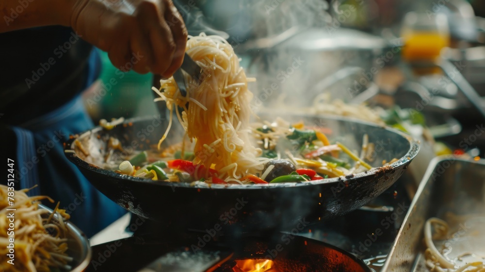 Cooking fresh vegetables and noodles. The cook flips food in a hot ...