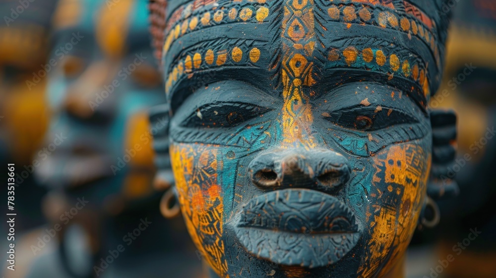 A close-up of a traditional African mask, its intricate carvings and ...
