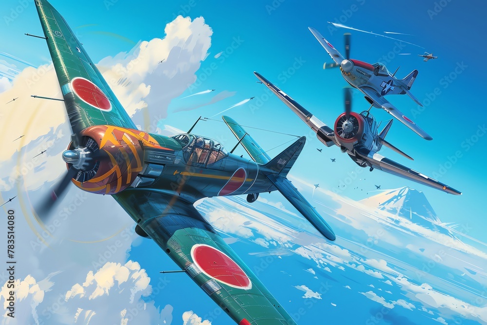 A detailed illustration of two Japanese A6M Zero fighters fighting an ...