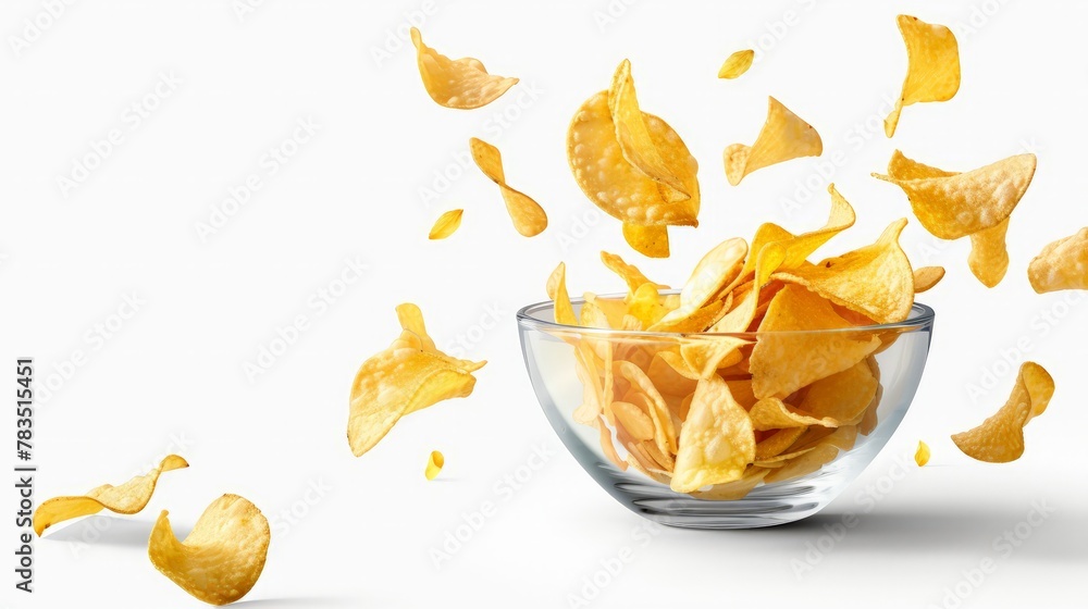 Potato chips falling into glass bowl isolated on white background with ...
