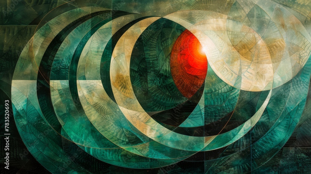 Abstract art in shades of dark green, light green, star white, and red ...