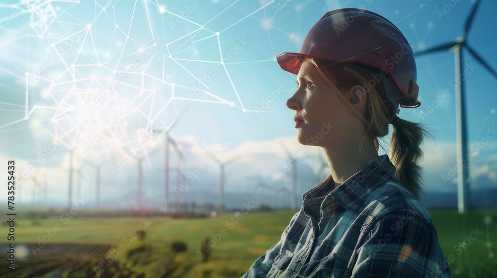 Electricity woman windmill technology turbine people renewable power sky farm wind engineer ...
