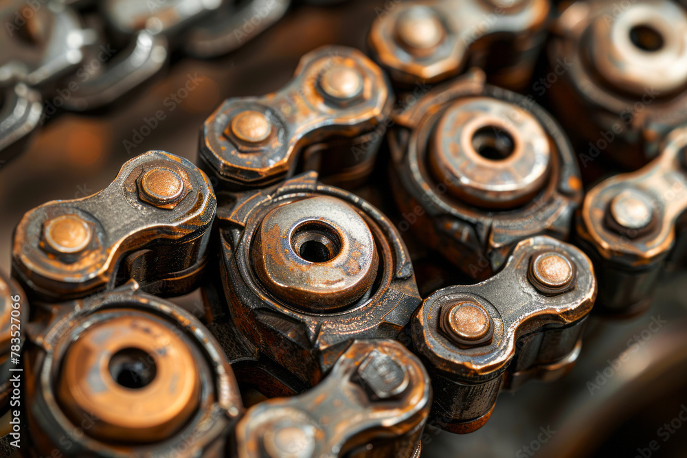 Macro shot of a rusted chain from an old chain-drive system, exhibiting ...