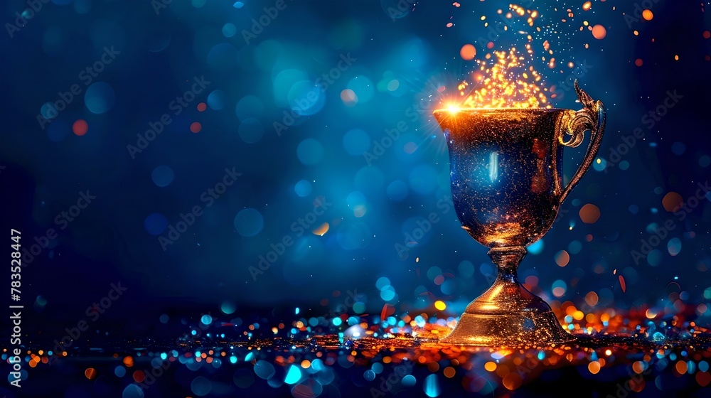 Sparkling trophy on a glittering bokeh background, signifies success ...