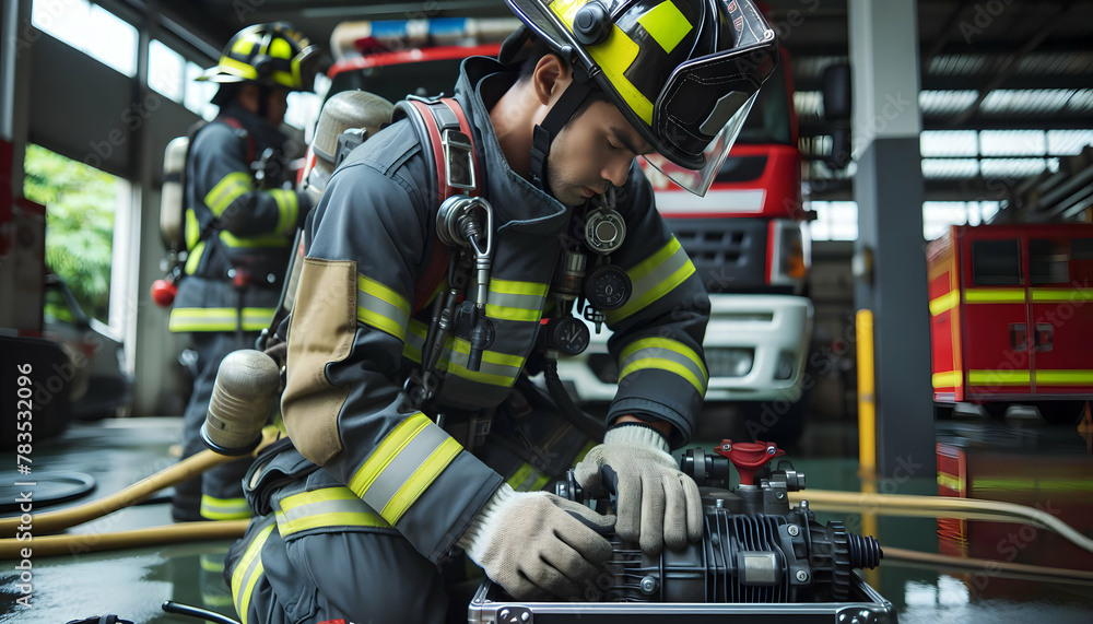 Authentic image of a firefighter conducting equipment maintenance in a ...