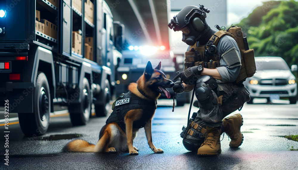 Photo-realistic image of K9 Unit Search Officer and police dog working ...