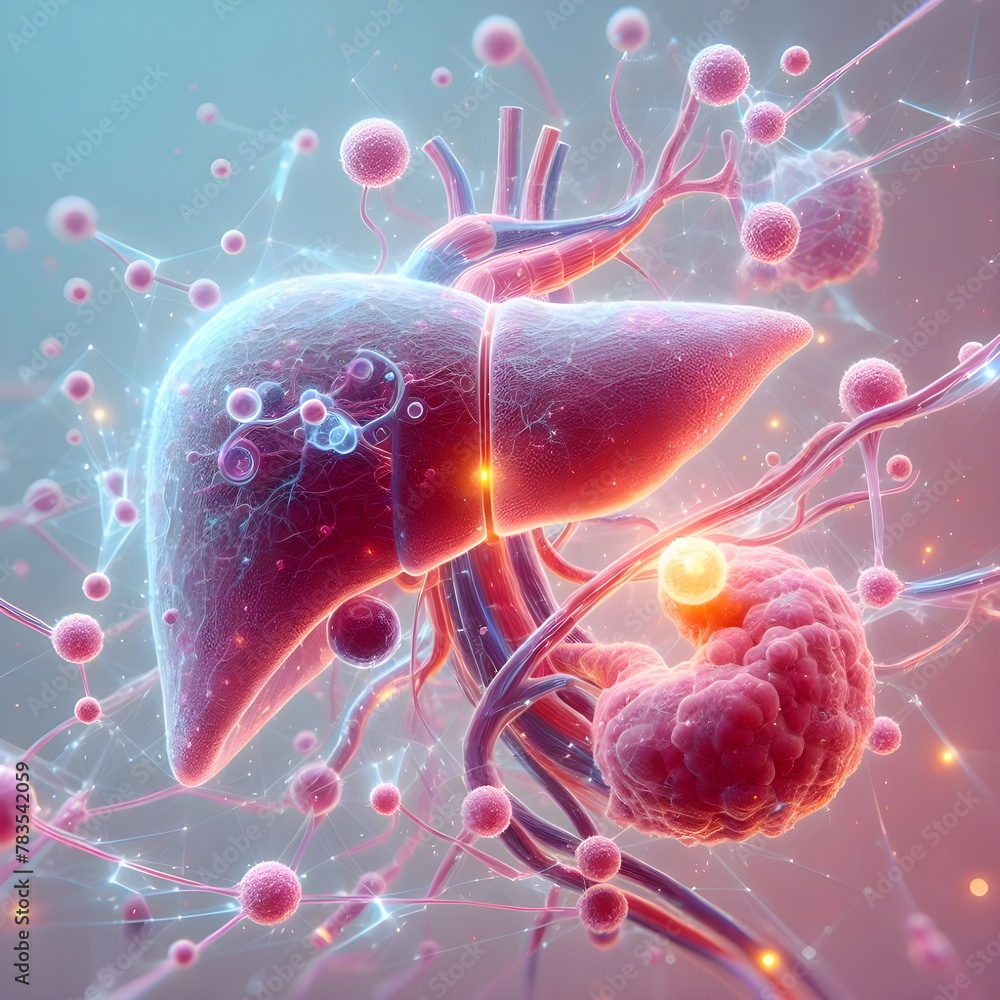 Liver with cancer dells 3d render illustration, glowing human organs ...