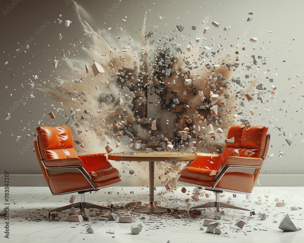 A hyper-realistic portrayal of a business negotiation table breaking in ...