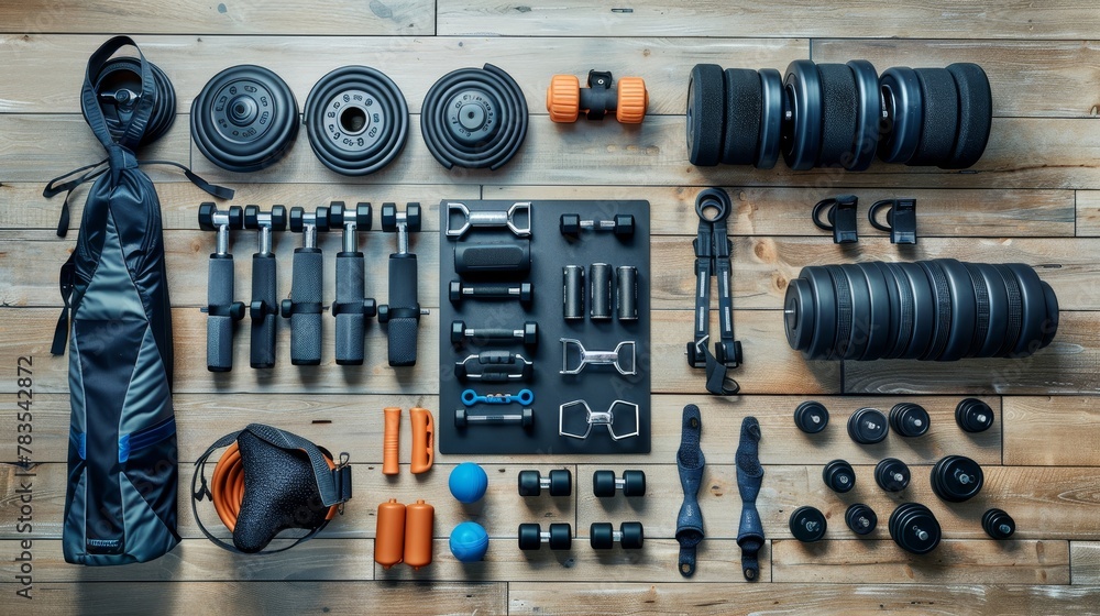 Essential home gym gear arranged for a comprehensive abdominal routine ...