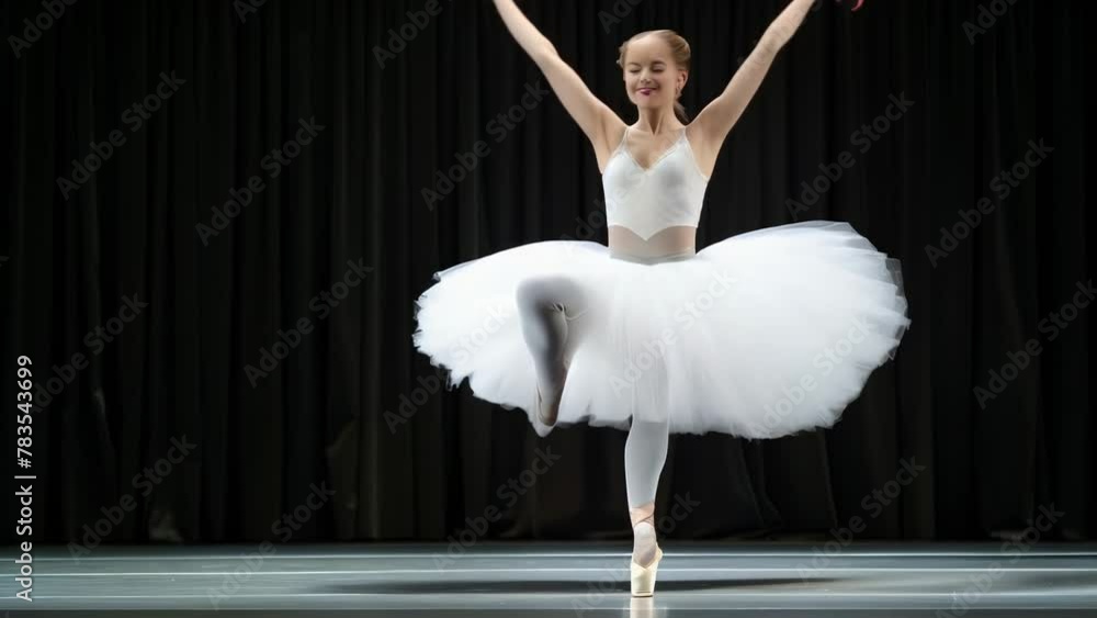 A ballerina in a white tutu gracefully extends her leg and arm, her ...