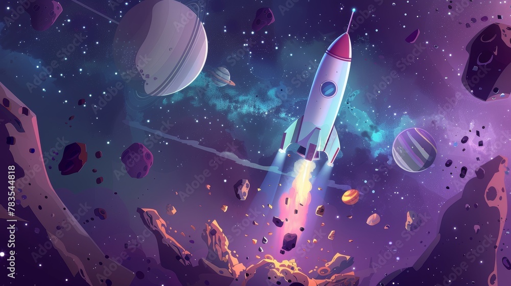 An illustration of a space exploration cartoon featuring a rocket in ...