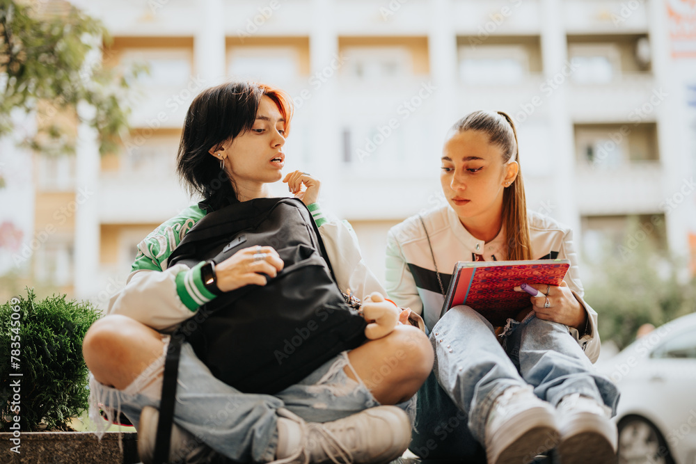 Two casually dressed high school girls studying outdoors. Discussing ...
