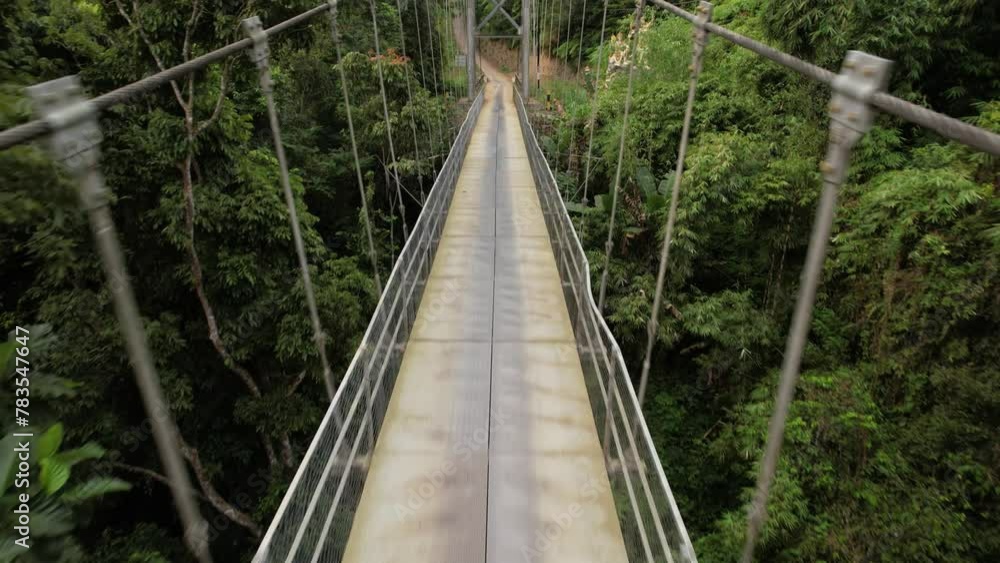 Pedestrian and motorbike bridge span across tropical ravine, camera fly ...