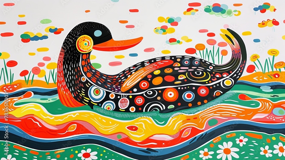 A psychedelic duck floats in a river surrounded by flowers and plants ...
