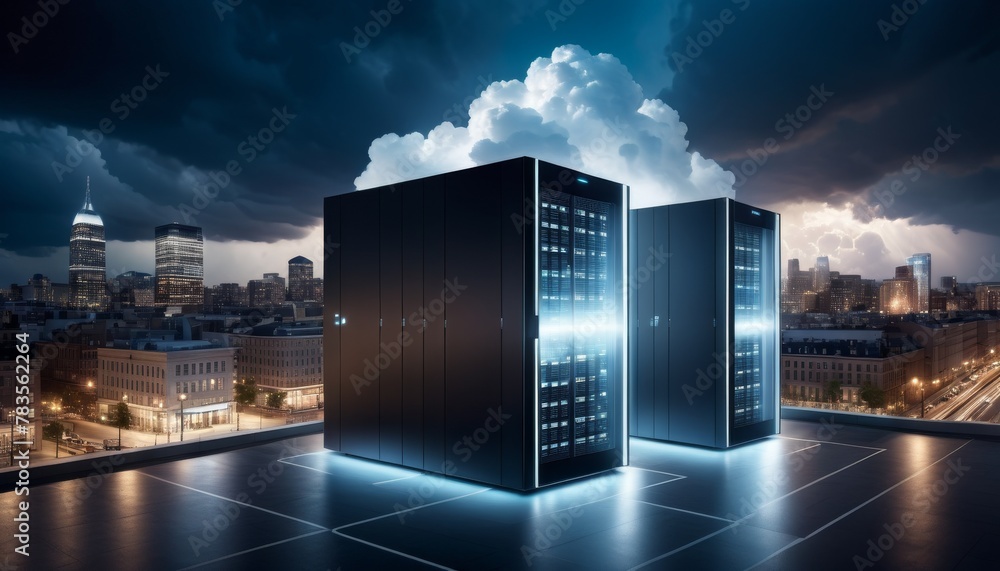 Imposing data centers stand against a dramatic city backdrop, symbolizing the cloud computing ...