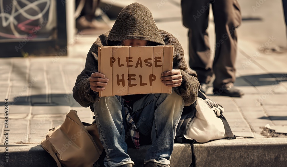 Homeless Man with a cardboard Please Help sign Stock Illustration ...