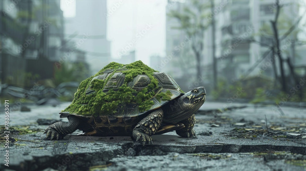 Tortoise with a moss-covered shell trudges along a desolate urban ...