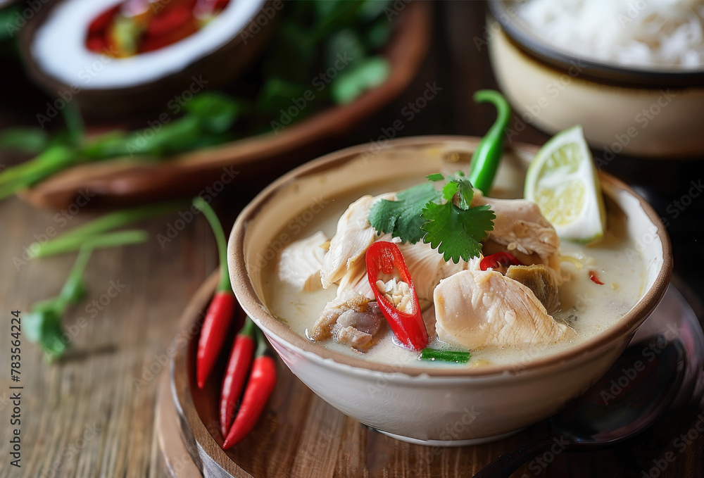 coconut milk soup with chicken ( Tom Kha Gai ) table top view, Thai ...