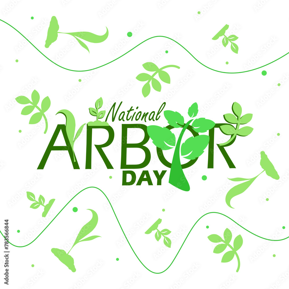 National Arbor Day event banner. Bold text with small plant decorations ...
