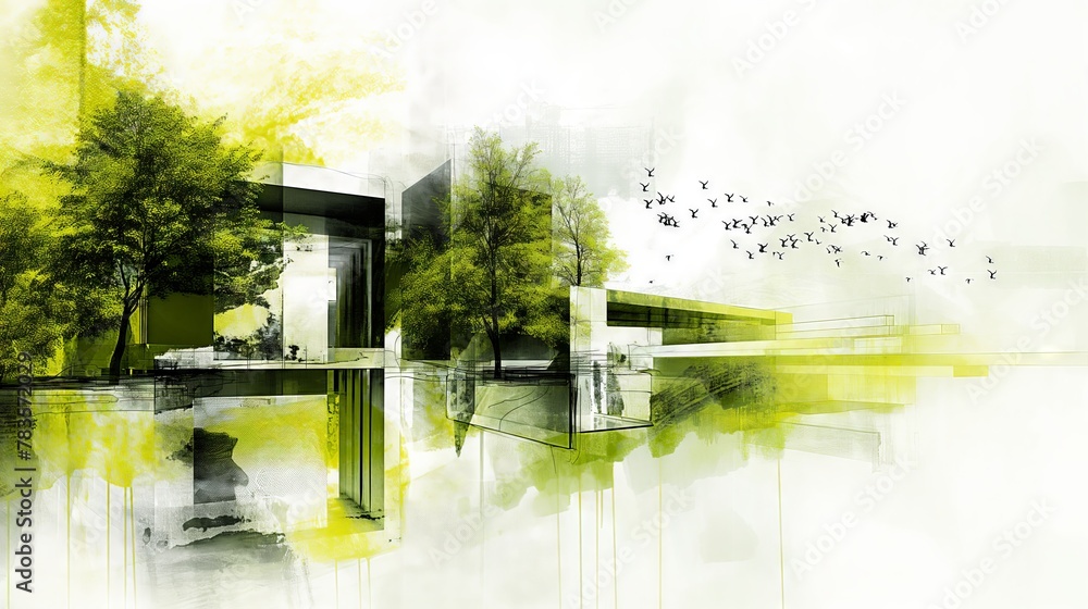 Green blueprint fusion: sustainable architecture concept with modern ...