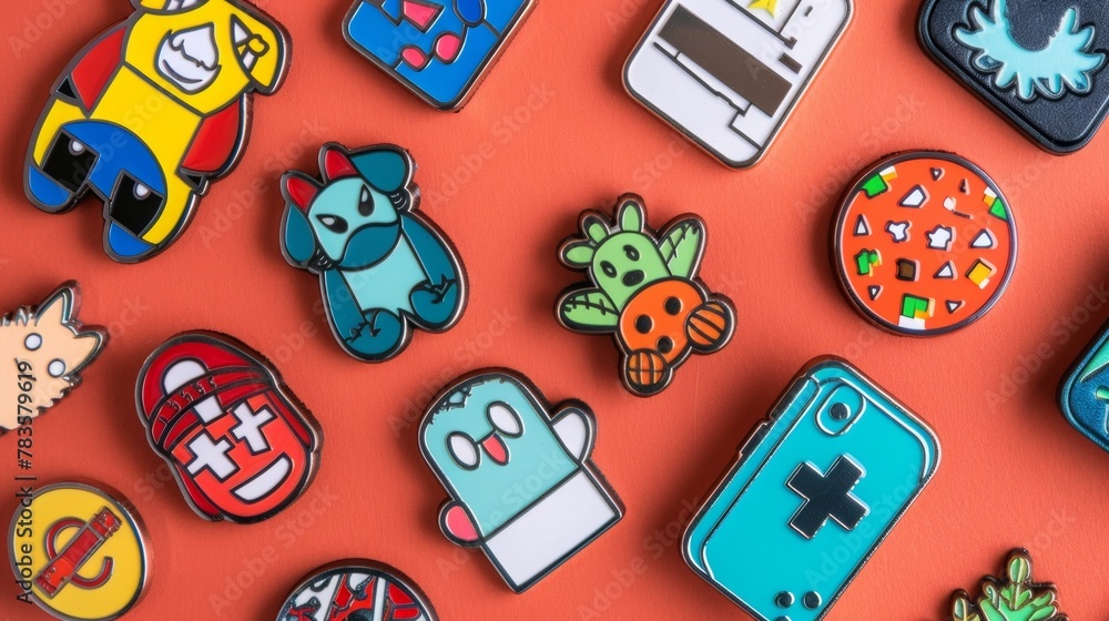 Blank mockup of a series of enamel pins inspired by pop culture ...