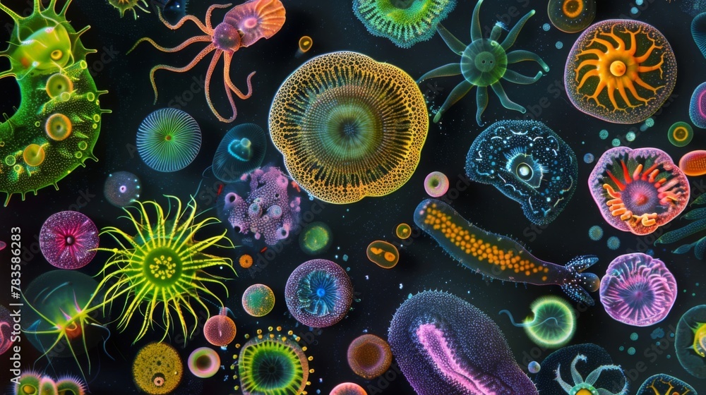 A vibrant microscopic image showing the diversity of shapes and sizes a ...