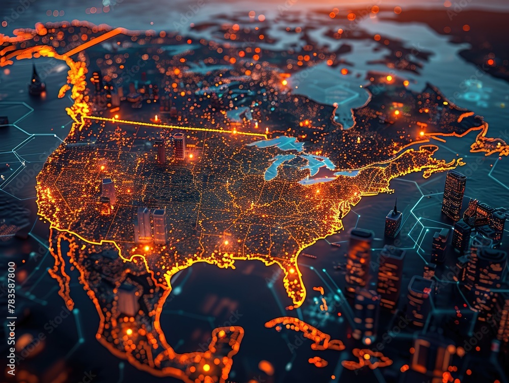 USA map made of glowing printed circuits, global network and ...